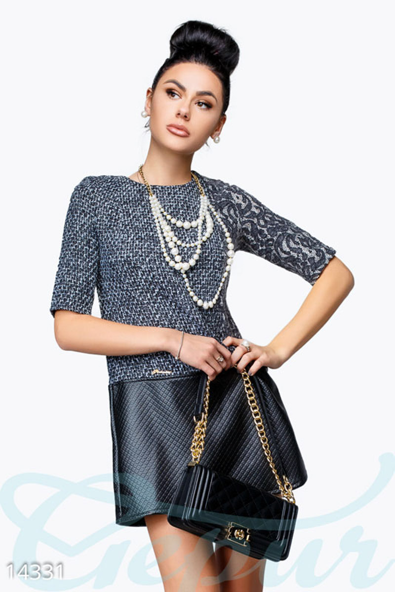 Твидовое платье-трапеция со вставкой из экокожи (№ 14331) ♡ Gepur - women clothes store